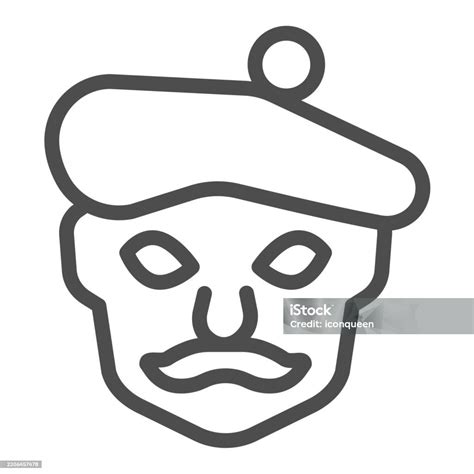 예술가 남자 머리 모자 라인 아이콘 전시회 개념 벡터 그래픽입니다 예술가의 얼굴 흰색 배경에 공개 된 사람 표시 모바일 또는 웹 디자인을위한 개요 스타일 아이콘 검은색에