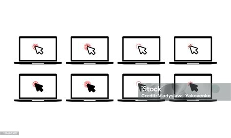 커서 아이콘세트가 있는 랩톱입니다 아이콘을 클릭합니다 컴퓨터 마우스 포인터 노트북 컴퓨터 화면 모바일 컴퓨터를 사용 하거나 웹