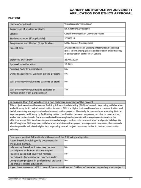 Exemplar 1 Research Ethics Approval Application Form Thevaganan Pdf Building Information