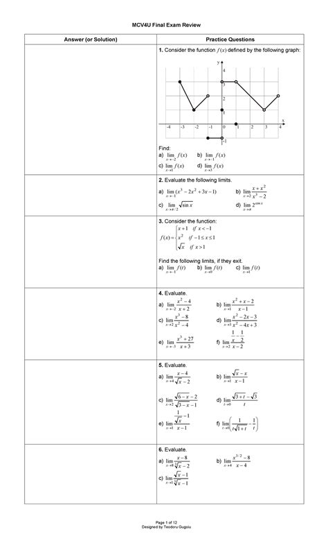 MCV U Calculus Review Page Of MCV U Final Exam Review Answer Or Solution Practice