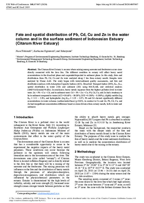 Fate And Spatial Distribution Of Pb Cd Cu And Zn In The Water Column