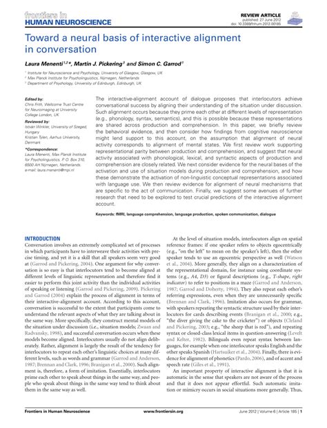 Pdf Toward A Neural Basis Of Interactive Alignment In Conversation