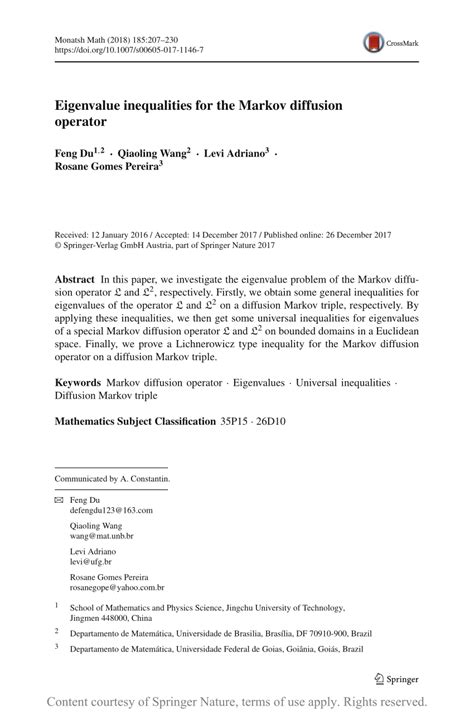 Eigenvalue Inequalities For The Markov Diffusion Operator Request Pdf