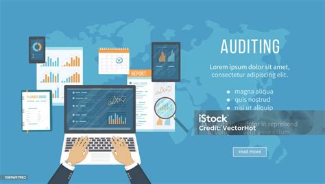 회계 분석 감사 재무 보고서의 개념 감사 세금 과정입니다 노트북 문서 그래픽 차트 플래너 캘린더 돋보기 보고서와 손 사업