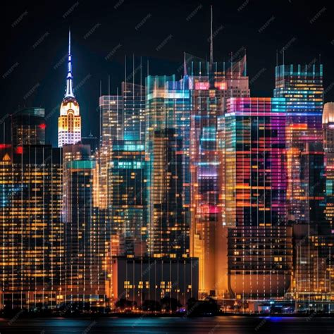 Premium Photo City Skyline At Night Illuminated Architecture Lens
