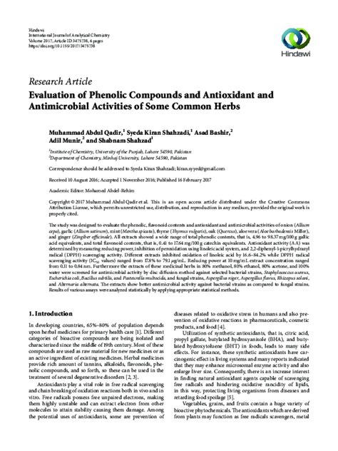 Pdf Evaluation Of Phenolic Compounds And Antioxidant And