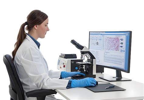 Female Scientist Using Microscope And Computer In Laboratory Premium