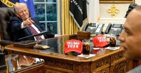 Trump 2028 Hats Seen On Oval Office Desk During Trump Meeting With