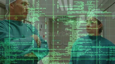 In Office Animation Of Green Digital Code Overlaying Scene With Two