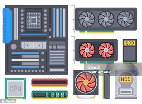컴퓨터의 일부입니다 비디오 카드 Cpu Hdd Sdd Ram 이더넷 카드 전원 공급 장치 흰색 배경에 마더 보드 벡터 그림입니다 Cpu에 대한 스톡 벡터 아트 및 기타