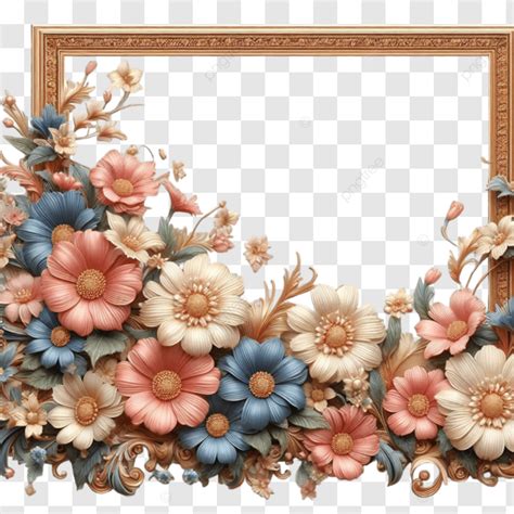 신선한 디자인의 꽃으로 구성된 테두리가 있는 투명한 3d 아트워크 제작 꽃을 보여주는 배경으로 새로운 렌더링 만들기 신선한 디자인의 꽃으로 구성된 테두리가 특징인 투명한