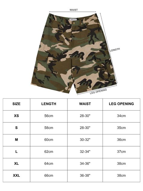 Size Chart Cargo Shorts