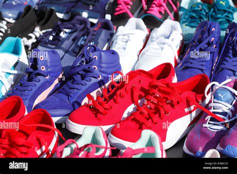 colorful sport shoes on a flea market stall, Bremen, Germany, Europe I ...