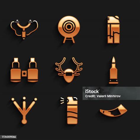 방패 후추 스프레이 사냥 뿔 총알 새 발자국 쌍안경 라이터 및 새총 아이콘에 사슴 뿔을 설정하십시오 벡터 개성 개념에 대한 스톡
