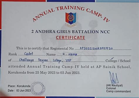 Kolli Hema On Linkedin Hi Everyone 🤗 I Got A Certification For The Ncc Annual Training Camp