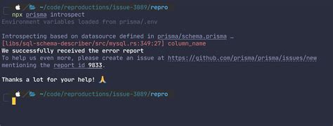 `npx Prisma Introspect` Errors With ` Libssql Schema Describersrcmysqlrs35327 Columnname