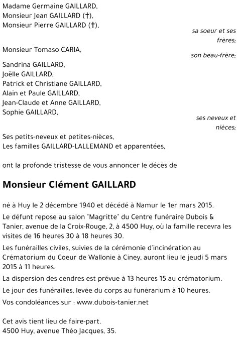 Avis De Décès De Clément Gaillard Décédé Le 01032015 à Namur