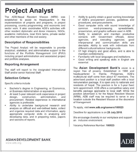 Project Analyst Job Vacancy In Nepal Asian Development Bank July