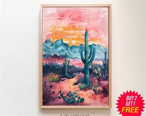 Desert Saguaro Cactus Sunset Wall Art Print Southwest Sonoran