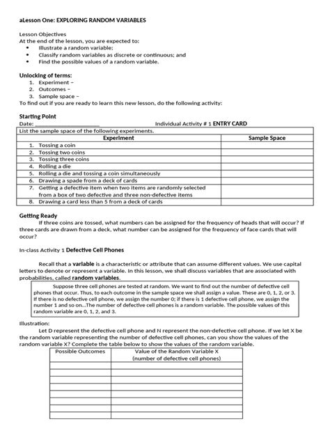 Lesson 1 Exploring Random Variables 1 Pdf Random Variable