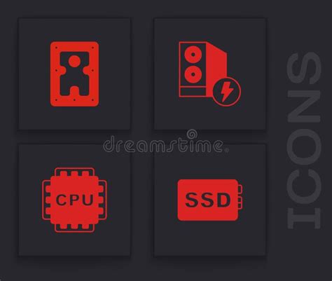 Set Ssd Card Hard Disk Drive Hdd Case Of Computer And Processor With Cpu Icon Vector Stock