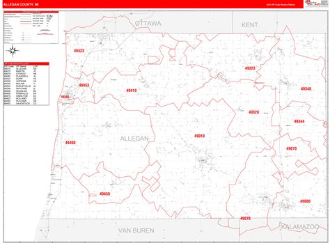 Allegan County Mi Zip Code Wall Map Red Line Style By Marketmaps