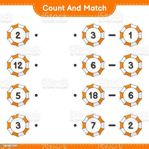 카운트 앤 매치 비치 우산의 수를 계산하고 올바른 숫자와 일치합니다 교육 어린이 게임 인쇄 워크 시트 벡터 일러스트레이션 0명에 대한 스톡 벡터 아트 및 기타 이미지