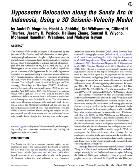 Hypocenter Relocation Along The Sunda Arc In Indonesia Using A 3d Seismic Velocity Model Bmkg