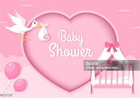 귀여운 디자인 황새와 아기 샤워 어린 소년 또는 소녀 초대 및 인사말 카드에 대한 구름 배경 일러스트 귀여운에 대한 스톡 벡터