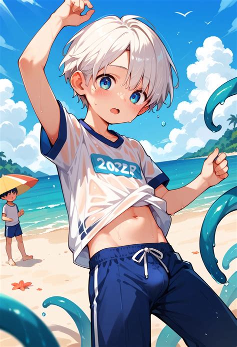 1boy Shota White Hair Blue Eyes Short Hair Tentacle Bulge Seaart Ai