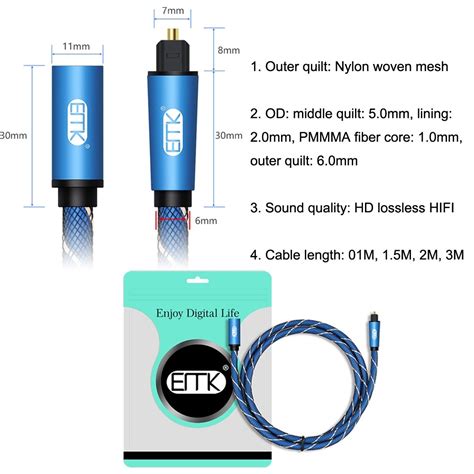 Emk Male To Female Spdif Paired Digital Optical Audio Extension Cable Cable Length 3m Blue