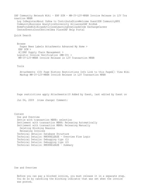 Sap Community Network Wiki Erp Scm Mm Iv Liv Mrbr Invoice Release In Liv Transaction Mrbr