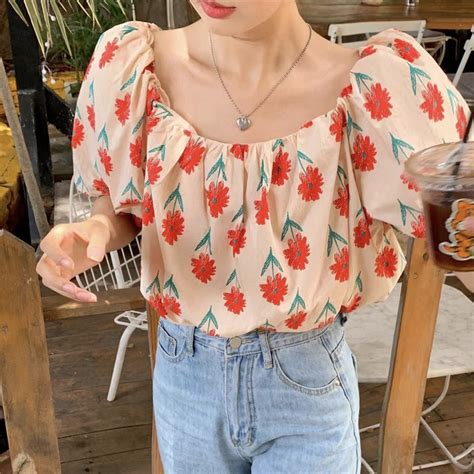 퍼프 슬리브 플라워 패턴 블라우스 2k107672