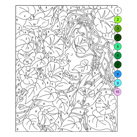 Раскраска Девушка в цветах по номерам для взрослых распечатать раскраски для детей