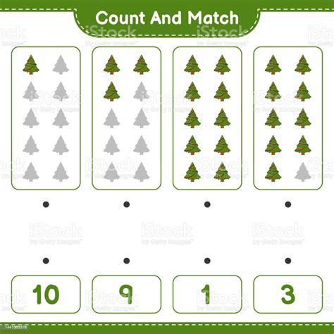 세고 일치시키고 크리스마스 트리의 수를 세고 올바른 숫자와 일치시킵니다 교육 어린이 게임 인쇄 워크시트 벡터 일러스트 레이 션