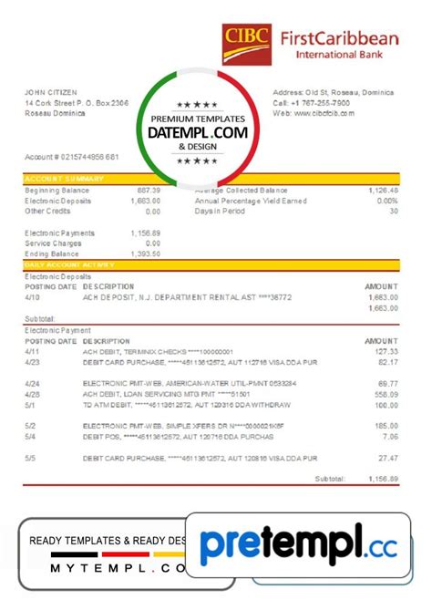 Dominican CIBC First Caribbean International Bank Statement Easy To Fill Example In Xls And