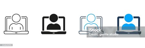 노트북 라인에 있는 사람과 실루엣 아이콘 세트 온라인 화상 회의 컴퓨터 사용자 비즈니스 네트워크 픽토그램 원격 직원 기호입니다