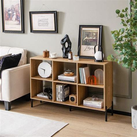 6 Cube Storage Bookcase 3 Tier Wooden Open Bookshelf With 5 Metal Legs Costway Cube Bookcase