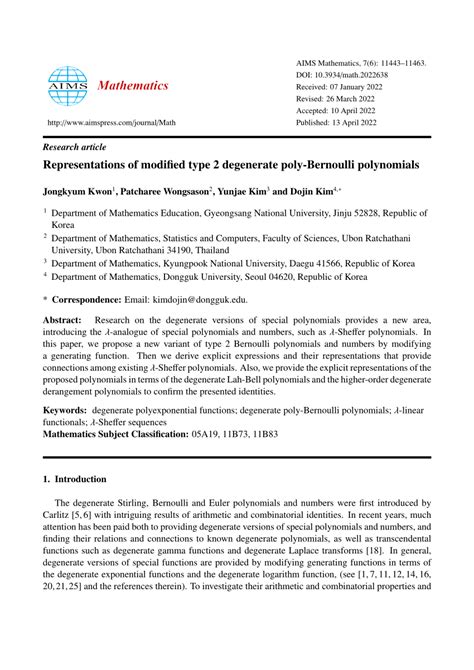 Pdf Representations Of Modified Type 2 Degenerate Poly Bernoulli Polynomials