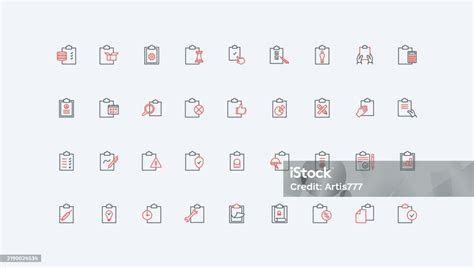 클립보드의 종이 문서 체크리스트 양식 등록 및 관리 라인 아이콘 세트 개념에 대한 스톡 벡터 아트 및 기타 이미지 개념 건강 진단 검사 보기 Istock