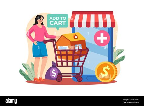 A Vector Of The Female Adding A House To Her Shopping Cart Stock Vector