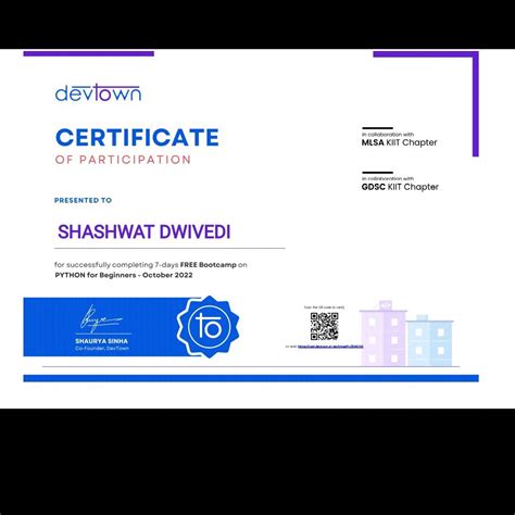 Certificate By Devtown For Attending Boot Camp On Python Programming Shashwat Dwivedi