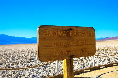 Badwater Basin Sign With Information About Elevation At Death Valley
