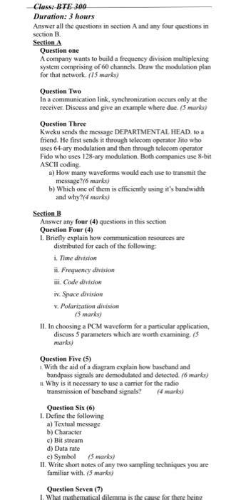 Solved Class Bte 300 Duration 3 Hours Answer All The