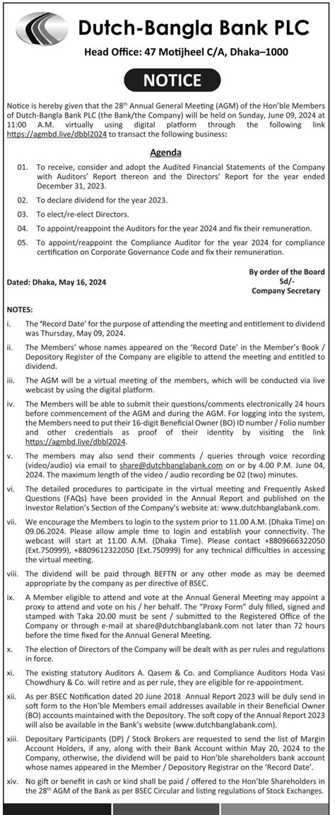 Notice Of Dutch Bangla Bank Plc