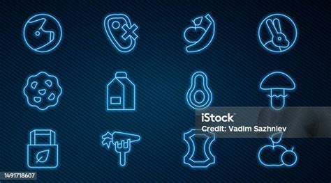 세트 라인 사과 버섯 바나나 우유용 종이 패키지 쿠키 비스킷 돼지 아보카도 과일 및 고기 없음 아이콘 벡터 0명에 대한 스톡 벡터 아트 및 기타 이미지 Istock