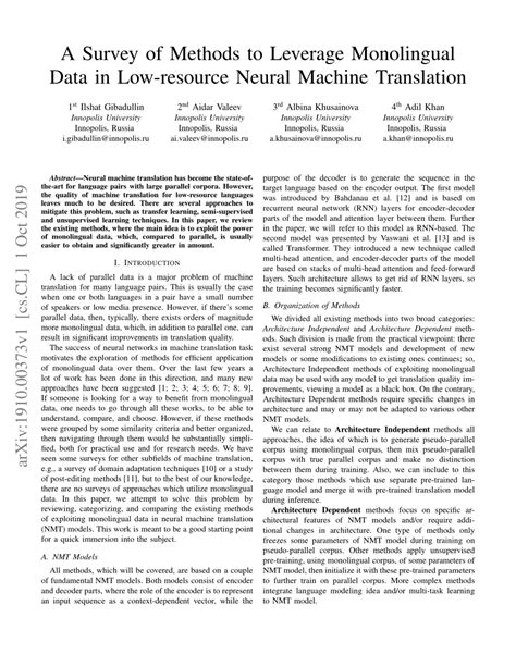 Pdf A Survey Of Methods To Leverage Monolingual Data In Low Resource