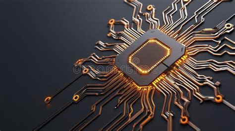 Electronic Circuit Board With Glowing Chip And Connecting Wires Stock