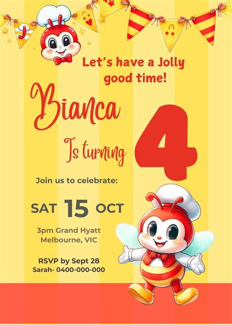 Editable 5x7 Jollibee Themed Birthday Invitation Jolly Birthday Bash