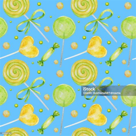 밝은 색상 사탕 과자 원활한 패턴 수채화 손으로 그린 사탕 롤리팝스 일러스트레이션은 파란색 배경에 있습니다 패브릭 텍스처 스크랩북 페이퍼 디자인 가지 식물 부위에 대한 스톡